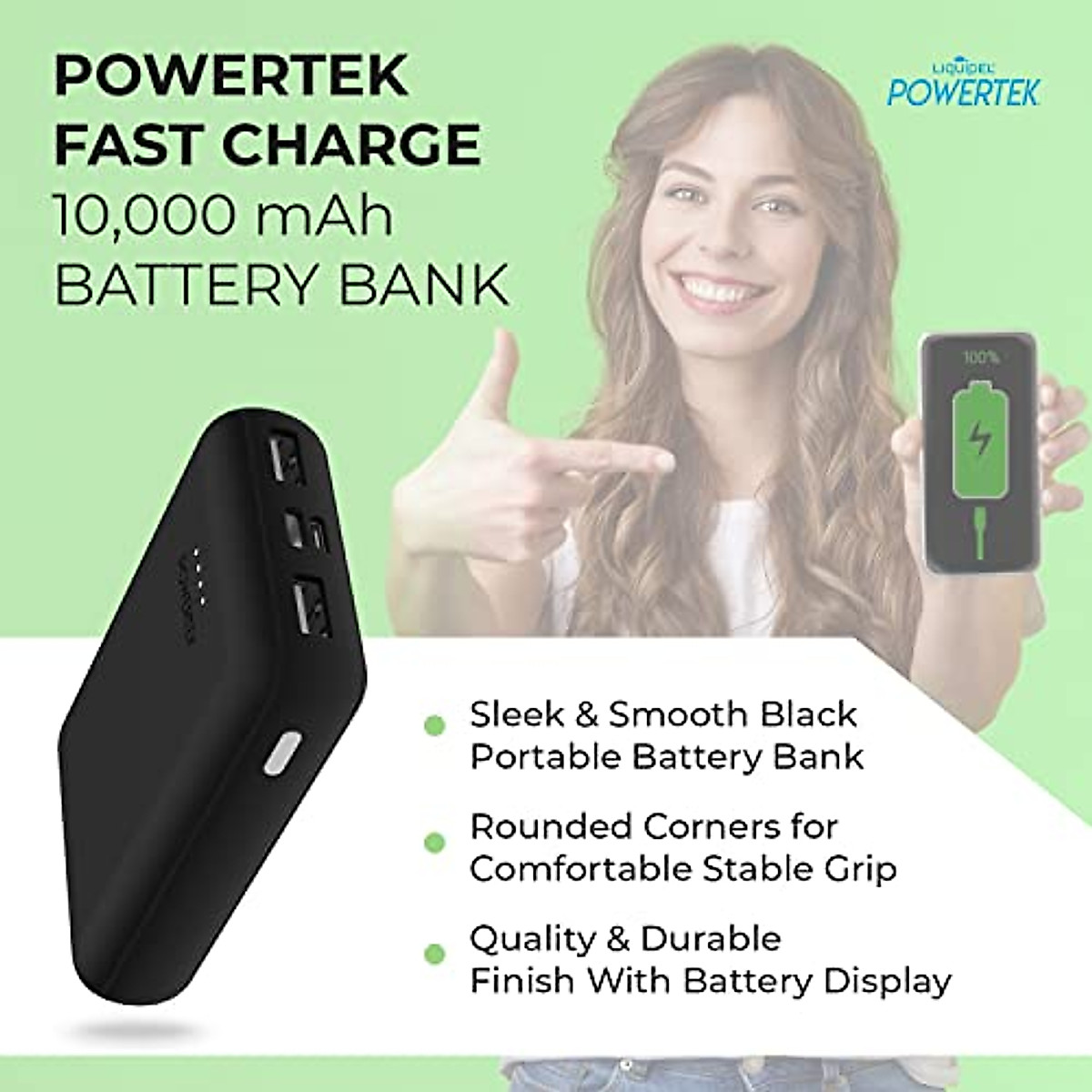 LIQUIPEL Powertek Power Bank, Compact Portable Phone Charger, Battery Bank 10000 mAh, Micro USB & USB Type C Inputs, Fast Charging Dual USB Outputs