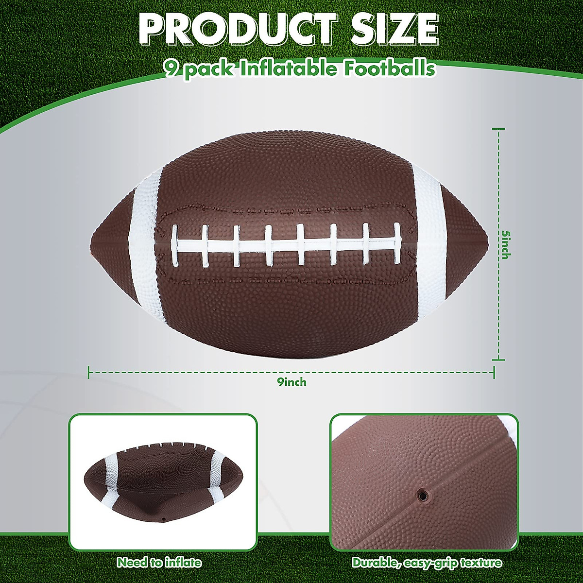 Jerify 9 Pack Rubber Footballs 9 Inch Rubber Footballs Playground Inflatable Football Bulk for Kids Comfortable Grip Football for Junior Youth Outdoor(Brown)