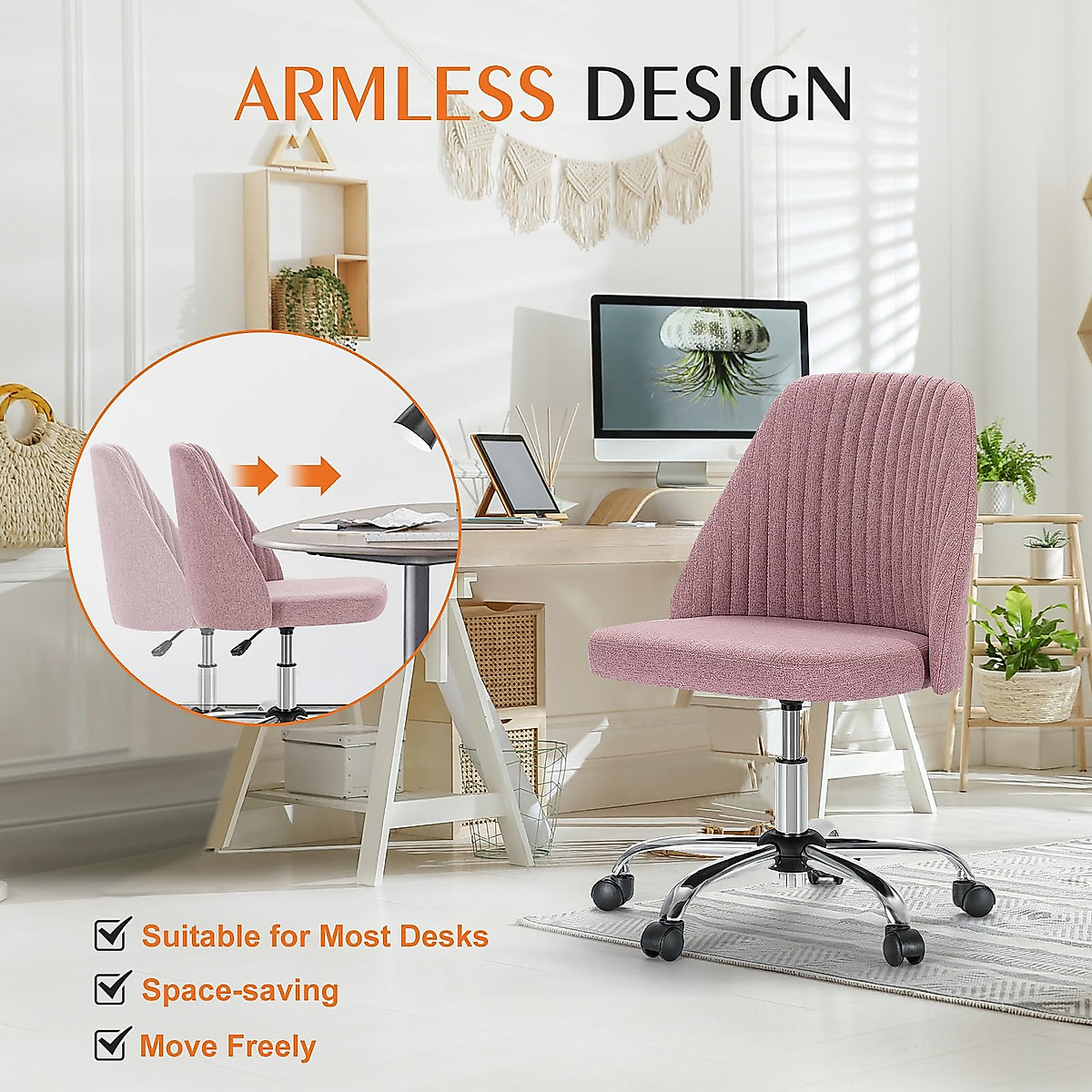 Sweetcrispy Armless Office Chair Cute Desk Chair, Modern Fabric Home Office Desk Chairs with Wheels Adjustable Swivel Task Computer Vanity Chair for Small Spaces