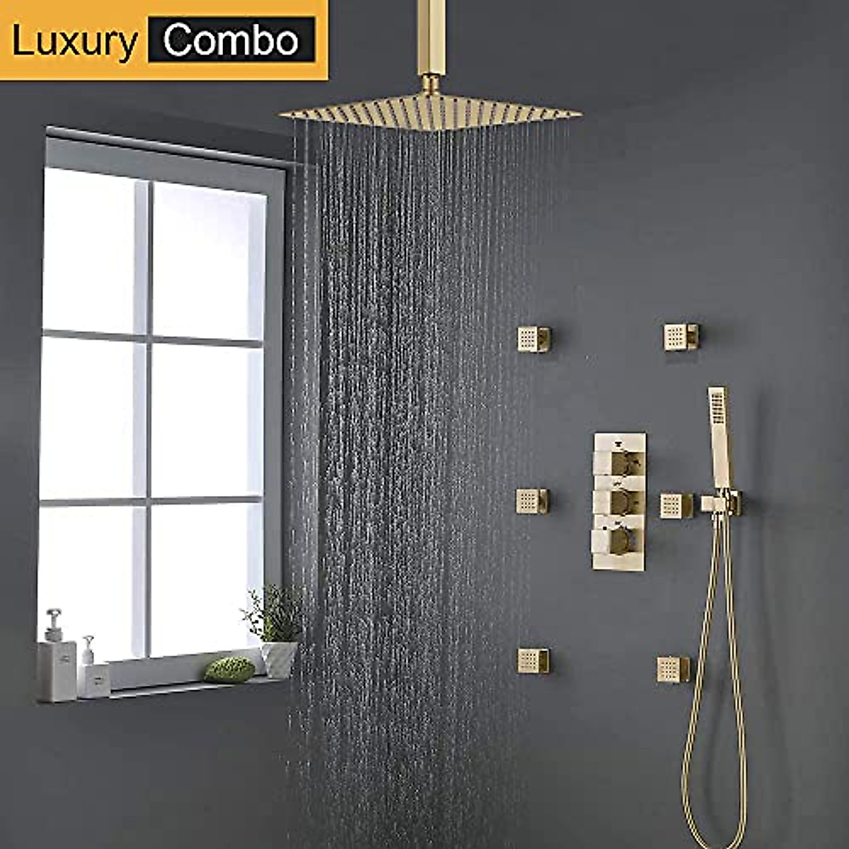 Brushed Gold Rain Shower System - 16 inch Ceiling Square Rainfall head with Handheld Spray and Full Body Massage Multi Jets Thermostatic Brass Valve Kit, Faucets Sets Complete Combo