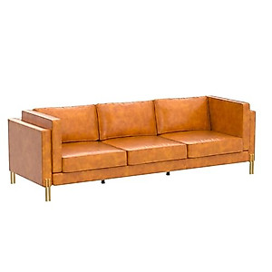 Hommoo Faux Leather Sofa 94" Large 3 Seater Sofa with Removable Cushions Mid Century Modern Couch for Living Room Comfy Couch with Gold Metal Legs Apartment Couch Brown
