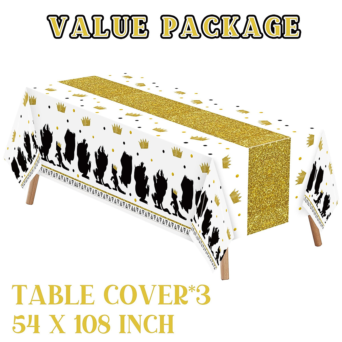 Unbess 3Pcs Wild One Tablecloths for 1st Birthday Party Decorations Baby Shower Plastic Disposable Rectangle Jungle Safari Animal Gold Black Table Covers Rectangle Woodland Supplies, 54 x 108 Inch