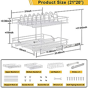 FULGENTE Pull Out Cabinet Organizer for Lid Cookware 20" W x 21" D 2 Tier Slide Out Kitchen Cabinet Shelves for Pots Pans Organizer Rack Organizador De Ollas y Sartenes Wire Frame Chrome Finish