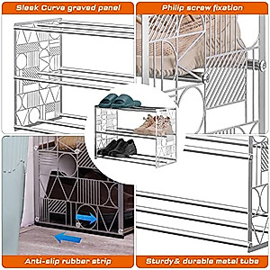 NiHome Silver 3-Tier Shoe Rack - Geometric Patterned Multi-Layered Organizer for Small Spaces with 6 Pair Storage Capacity, Ideal for Closets, Hallways, Entryways, Living Rooms and Bedrooms