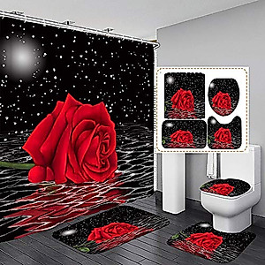 4 Pcs Black and Red Rose in Water Flowers Shower Curtain Sets with Non-Slip Rugs, Toilet Lid Cover and Bath Mat, Romantic Floral Curtain with 12 Hooks