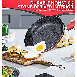 MICHELANGELO Pots and Pans Set Nonstick, 15 Pcs Kitchen Cookware Sets with Porcelain Enamel Exterior and Nonstick Granite-derived Coating, Enamel Cookware Set with 5 Utensils - Red