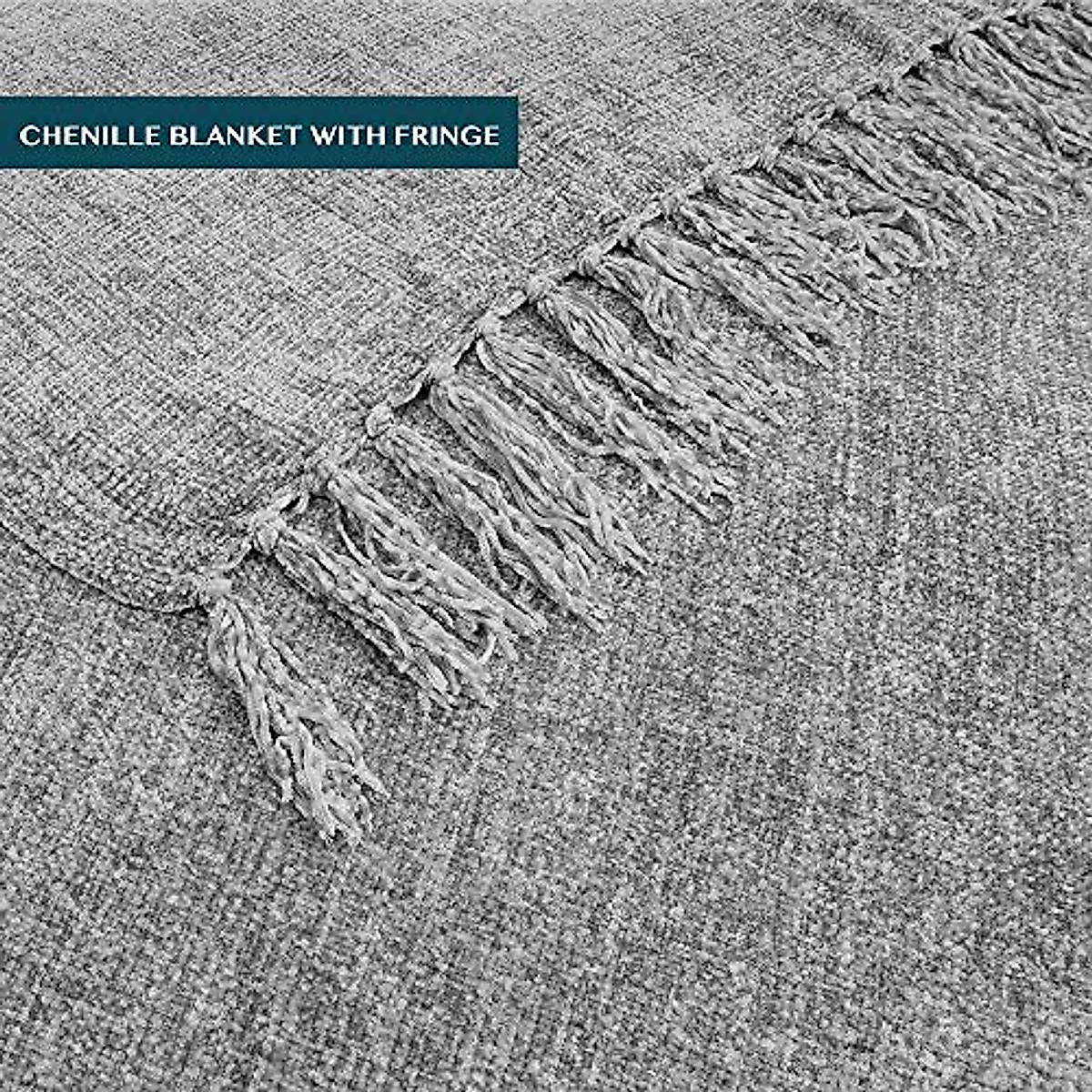PAVILIA Chenille Tassel Fringe Throw Blanket | Velvety Textured Decorative Knit Throw for Sofa Couch Bed | Soft Boho Woven Cozy Lightweight Knitted Throw | Light Grey 50 x 60 Inches