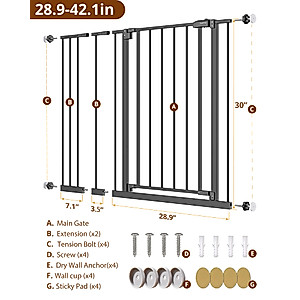 InnoTruth 28.9-42.1" Wide Baby Gate for Stairs, 30" Tall Dog Gates for Doorways Expandable One-Hand Open, Easy Walk Through Dual Lock Metal Pet Gates for Dogs, Black-Family & Mom's Choice Award Winner