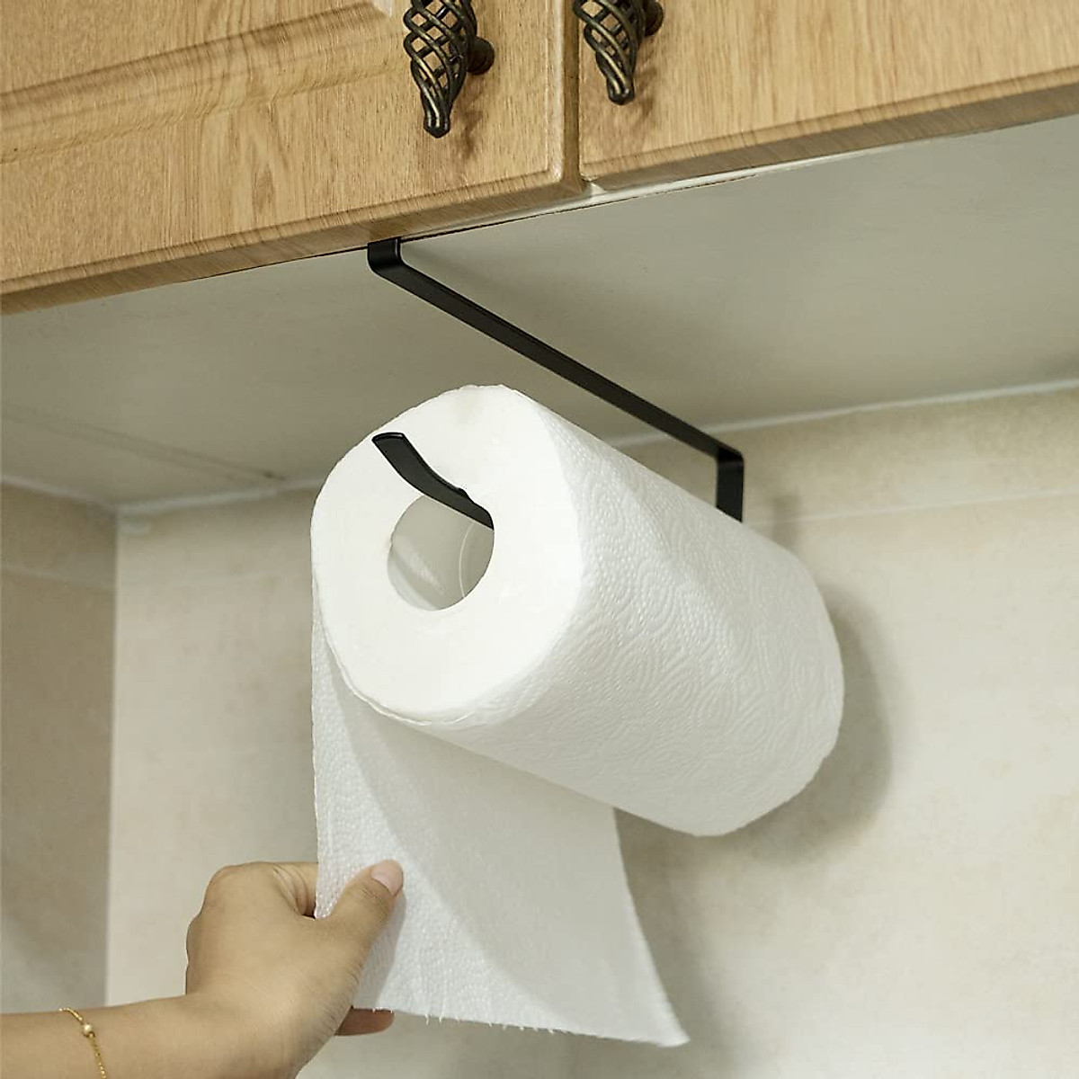 Paper Towel Holder Under Cabinet Wall Mount, Adhesive Paper Towel roll Holder Rack Stick to Wall for Kitchen Bathroom Farmhouse, Matt Black