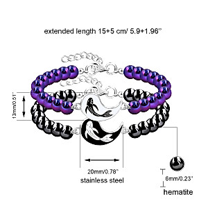 Yin Yang Fish Bracelets Set for Couples - His and Hers Round Black Purple Hematite Beads Bracelets,Matching Puzzle YinYang Fish Bracelets for Boyfriend Girlfriend Best Friends Y2100