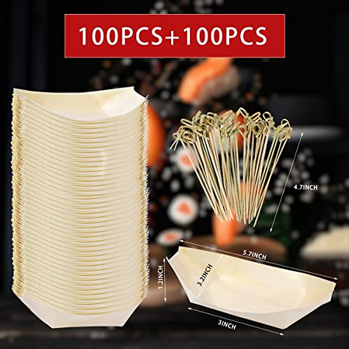WATHFKCU 5.7 Inch Disposable Bamboo Wooden Sushi Boat  Plate Bamboo Appetizer Plates Dishes Sushi Serving Tray Wooden Leaf Boat with 100Pcs Bamboo Picks (5.7inch)