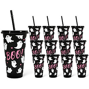 JarThenaAMCS 12Pcs Halloween Plastic Cups with Straw and Lid Cute Ghost Tumbler Boo Plastic Cups for Cold Drinks Halloween Decoration Party Favors