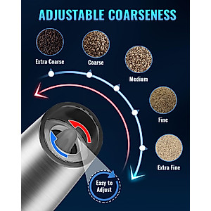 Gravity Electric Pepper and Salt Grinder Set, Salt and Pepper Mill & Adjustable Coarseness, Battery Powered with LED Light, One Hand Automatic Operation, Stainless Steel (Set/Silver)