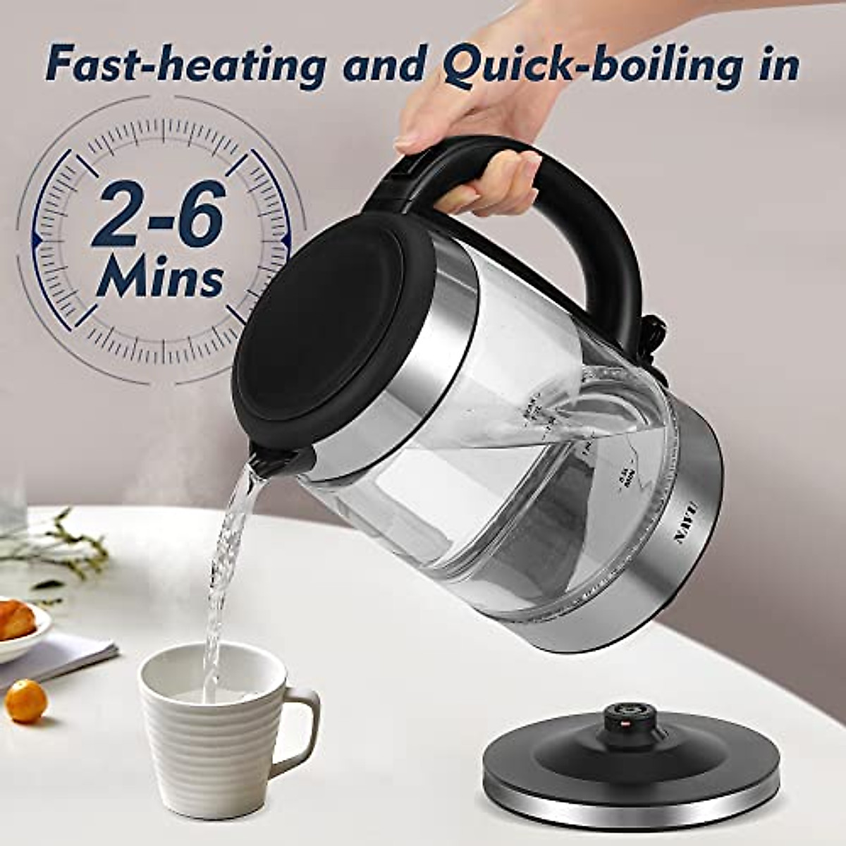 NAVU Electric Kettle 1500W, Wide Opening, 1.7 Liter Glass Tea Kettle and Hot Water Boiler, Cordless, LED Indicator, Auto Shut-Off & Boil-Dry Protection, BPA-Free Matte Black