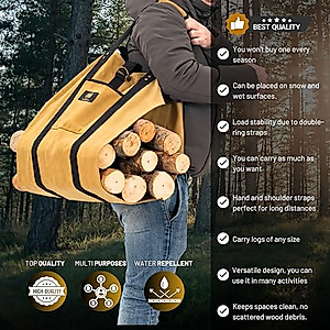 Log Carrier for Firewood Bag - 20oz Waxed Canvas wood carriers with Handles for Fire Logs storage- Fireplace and Campfire Accessories - Durable Waterproof Heavy-Duty Canvas Bag Carrier BROWN
