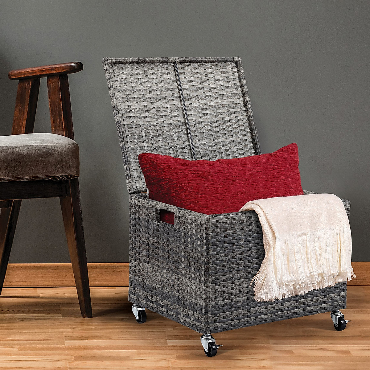 BIRDROCK HOME Rolling File Box - Storage Cabinet with Wheels - Weatherproof Rattan-Style Resin Deck Chest for Garden, Home and Office - Organize Cushions, Toys, and Accessories - Storage Box - Grey