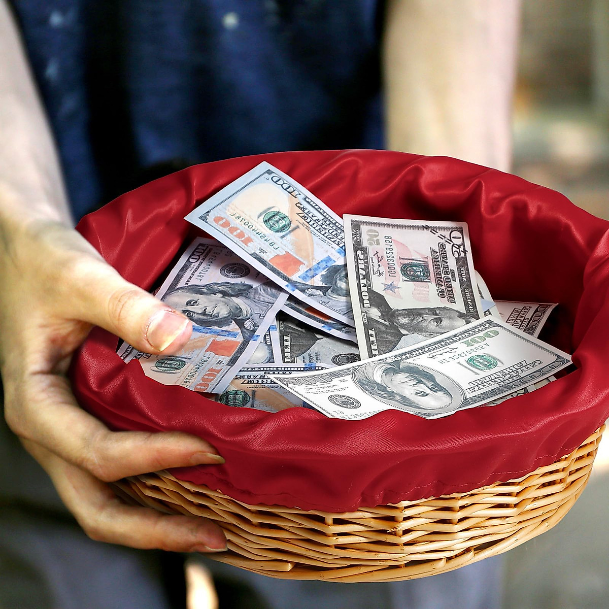 FillTouch 4 Pcs 12 Inches Round Offering Baskets for Church Wicker Basket with Removable Liner Rattan Collection Receiving Storage Basket Woven Bread Basket for Church Communion Supplies