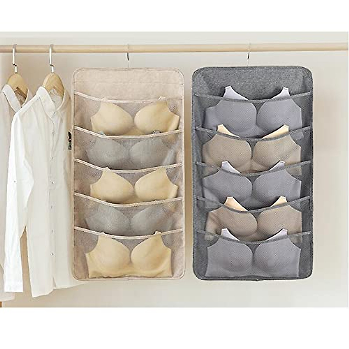 TuuTyss Dual-Sided Hanging Mesh Pockets Closet Organizer for Underwear,Bra,Socks,Accessories with Hanger,10 Large Pockets-Grey