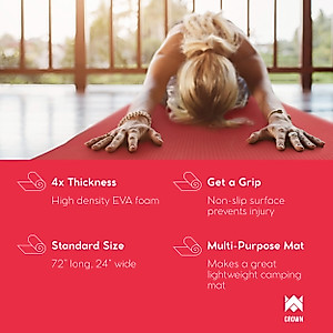 Crown Sporting Goods 1" Yoga Cloud Extra Thick Exercise Mat - 72" x 24" with Carry Strap - Exercise Mats for Home Workout - Yoga and Pilates Exercise Workout Mat - 4X Thick Yoga Mat (Red)