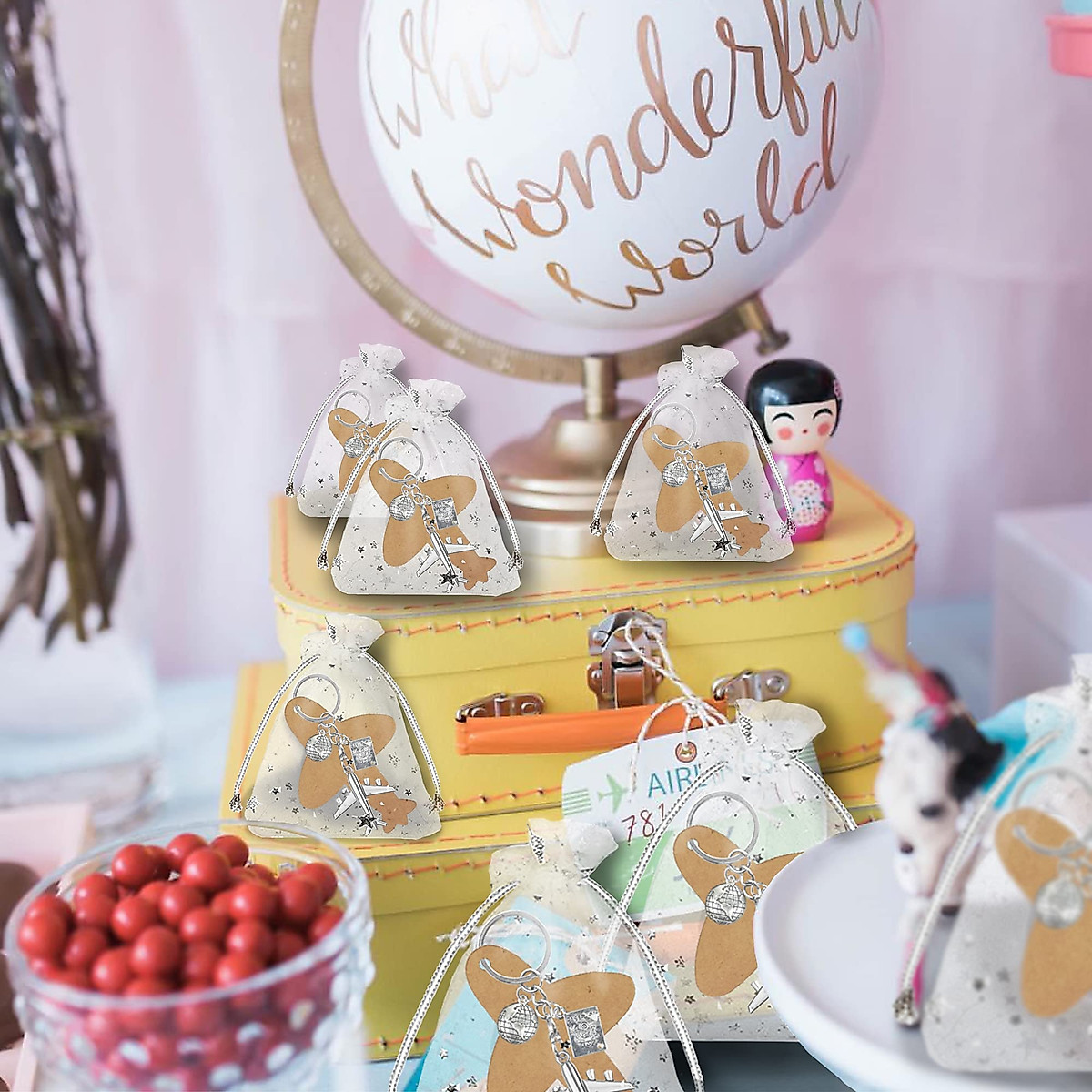 18 Sets Airplane Party Favors Travel Adventure Party Favors Airplane Compass Keychains Airplane Tags Organza Bags for Adventure Theme Party Graduation Travel Party Baby Shower Supplies (Style 1)