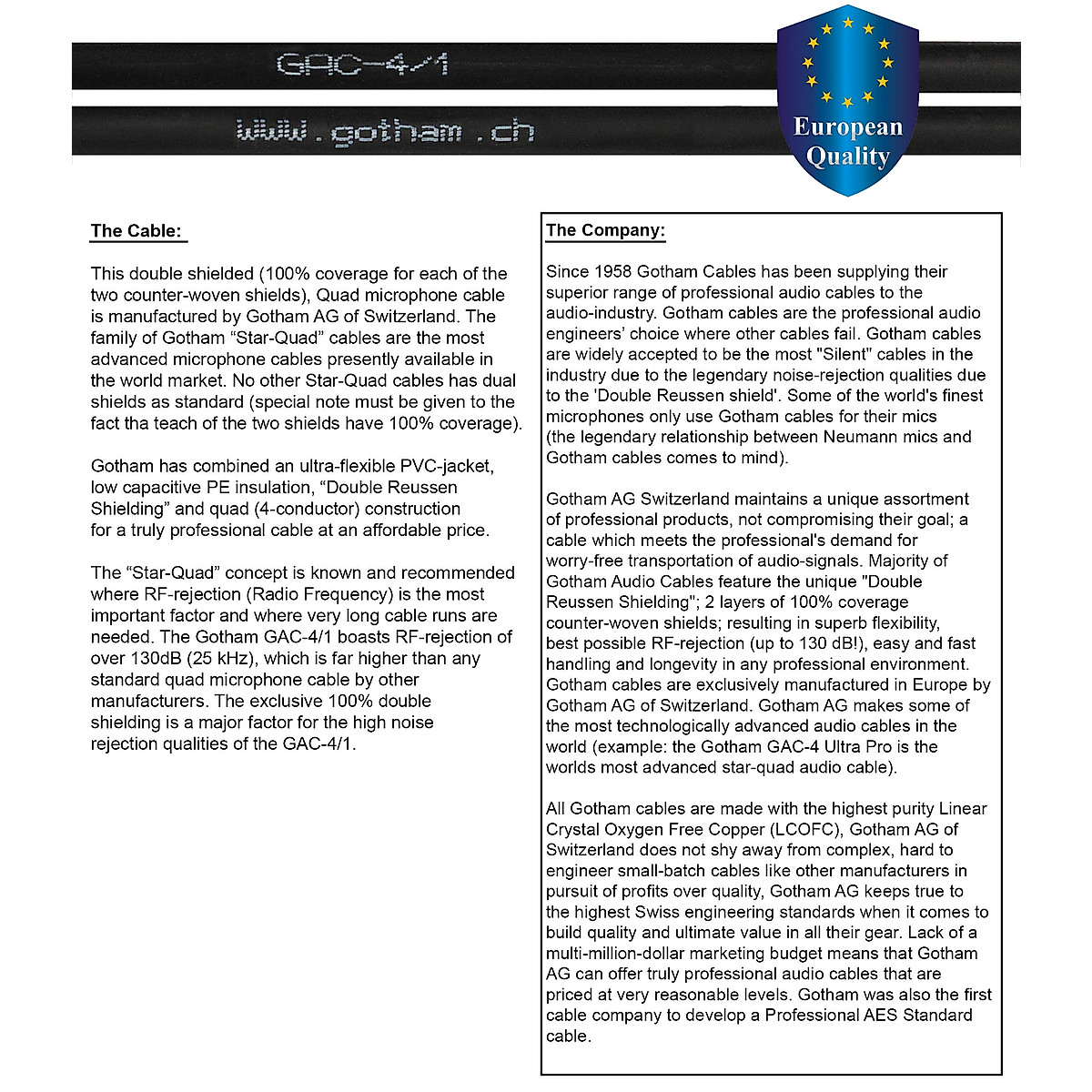 25 Foot RCA Cable Pair - Gotham GAC-4/1 (Black) Star-Quad Audio Interconnect Cable with Amphenol ACPR Die-Cast, Gold Plated RCA Connectors - Directional