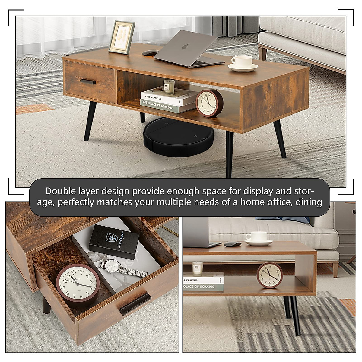 Iwell Mid Century Coffee Table & Large Storage Cabinet with 2 Drawers & 2 Shelf, Sideboard Cupboard with Double Door, Boho Cocktail Table for Living Room, Bedroom, Kitchen, Home Office