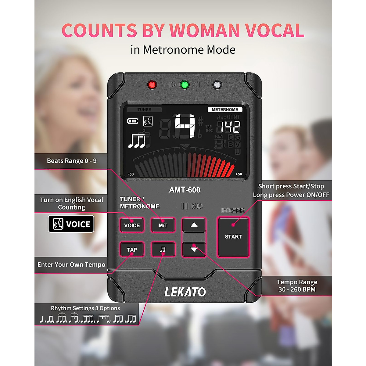 LEKATO Metronome Tuner, Rechargeable 3 In 1 Digital Metronome with TAP Tempo, Woman Vocal Counts, Tuner Tone Generator for Guitar Bass Violin Ukulele Chromatic for All Instruments