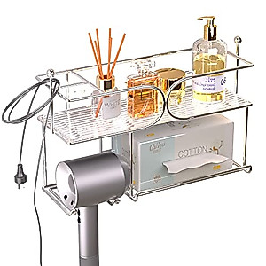 Acliys Bathroom Shelves Wall Mounted, Acrylic Hair Dryer Holder Tissue Box Holder, No Drilling Floating Shelves Bathroom Accessories for Blow Dryer Facial Tissues Cosmetics Toothbrush(Silver, Clear)