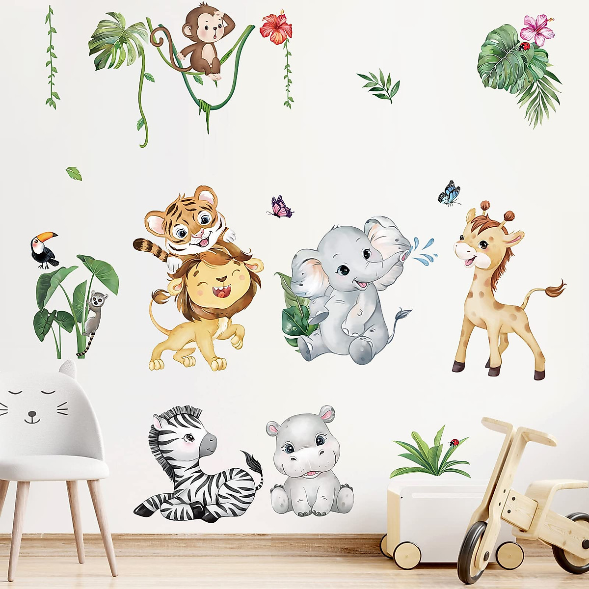 decalmile Jungle Animals Wall Decals Elephant Lion Giraffe Safari Wall Stickers Baby Nursery Kids Room Living Room Wall Decor