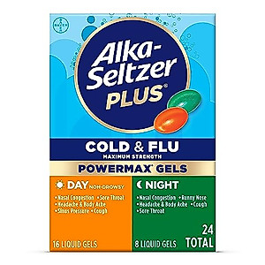 Alka-Seltzer Plus Power Max Cold and Flu Medicine, Day+Night, - Maximum Strength (Per 4 Hour Dose) Relief Cold and Flu Medicine for Adults and Children 12 Years and Older, 24 Count, Packaging May Vary