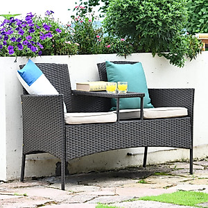 Tangkula Outdoor Rattan Loveseat, Patio Conversation Set with Cushions & Table, Modern Patented Wicker Sofa Set with Built-in Coffee Table, Rattan Sofas for Garden Lawn Backyard