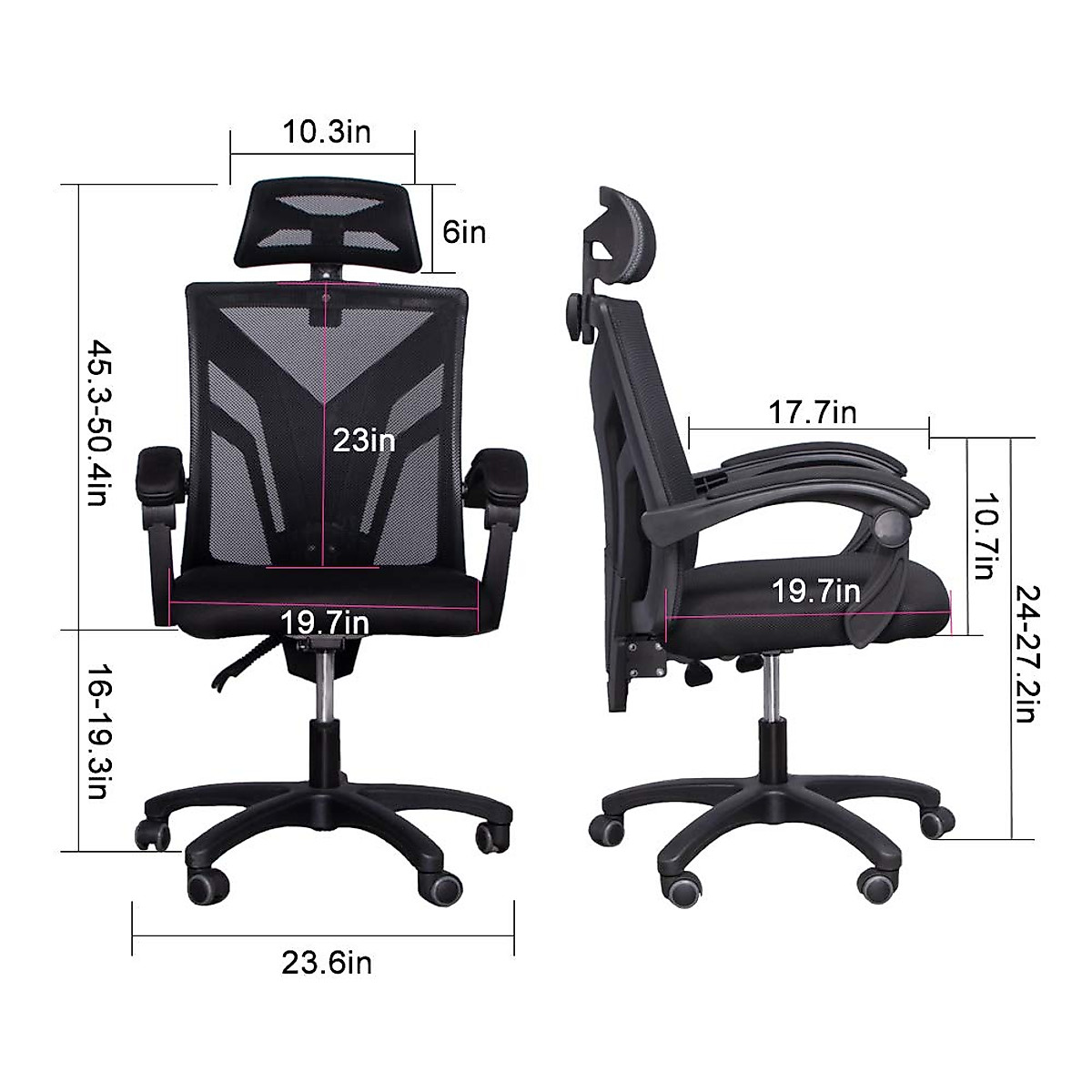 Home Office Mesh Back Chair Ergonomic Mesh Computer Desk Task Chair Swivel, Reclining Back, Adjustable Headrest ＆Seat Height - Black