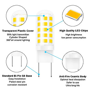 Gaormii G8 Led Bulb Dimmable, 35W Halogens Equivalent, T4 JCD Type Bi-Pin Base, 3000K Warm White G8 Bulb for Under-Cabinet Light, Under Counter Light, Under-Microwave Light, 120V 4W 360LM, 6 Pack