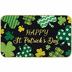 AnyDesign Happy St. Patrick's Day Door Mat Black Green Shamrock Clover Print Front Door Mat with Anti-Slip Rubber Back Irish Felt Doormat for Indoor Outdoor Kitchen Home Decor, 17 x 29 Inch
