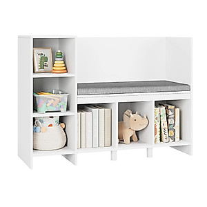 HOUSUIT 43.3" Kids Reading Nook Bench, Nursery Bookshelf and Bookcase with Seat Cushion, 6-Cubby Book Shelf Storage Organizer for Playroom, Bedroom, Living Room, Entryway, White
