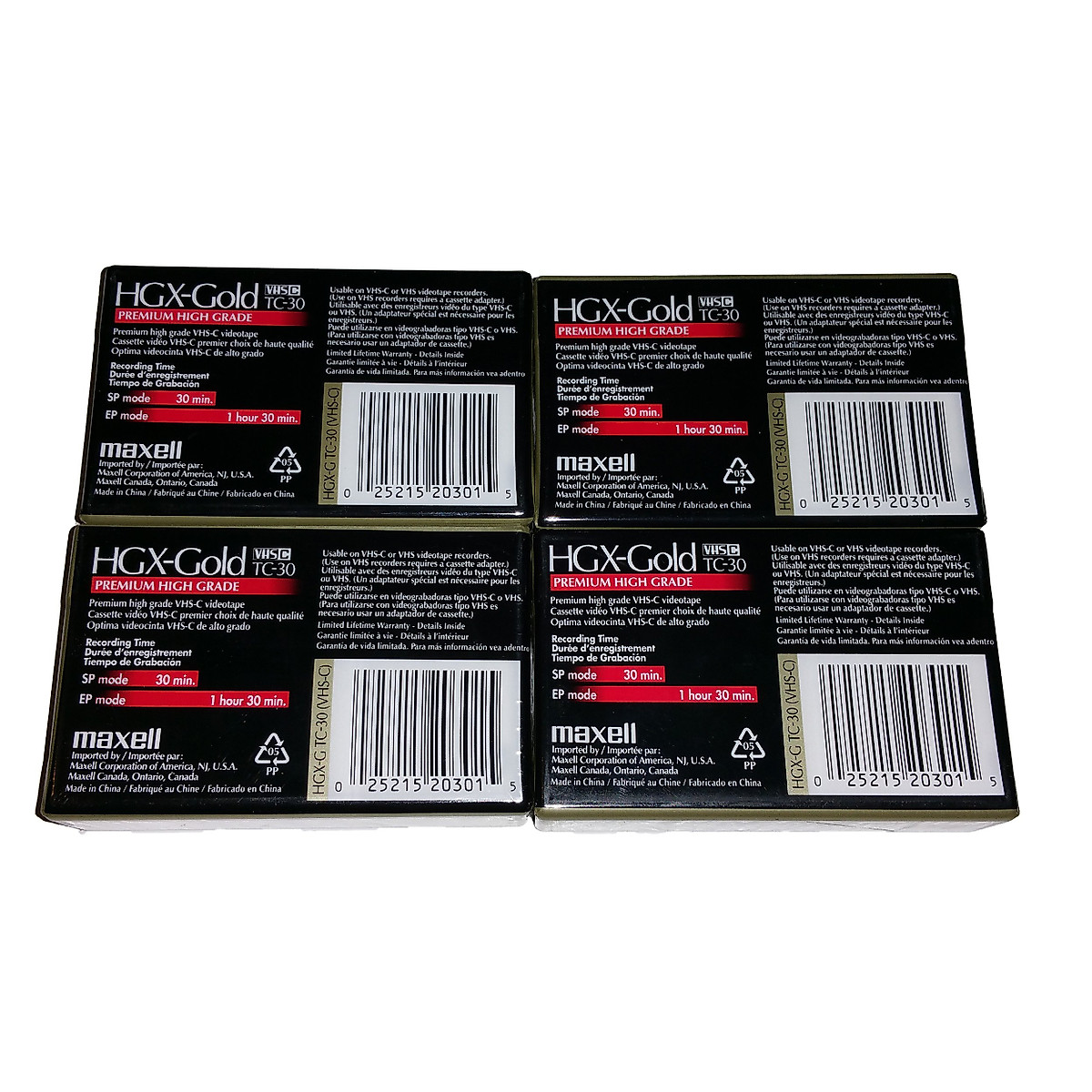 Maxell VHS-C TC-30 HGX Gold Blank Cassettes - Pack of 4 Cassettes