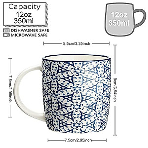 Set of 4 12 oz Coffee Mugs with Blue and White Geometric Patterns, Ceramic Tea Cup Set, Gift for Friends (Set 1)