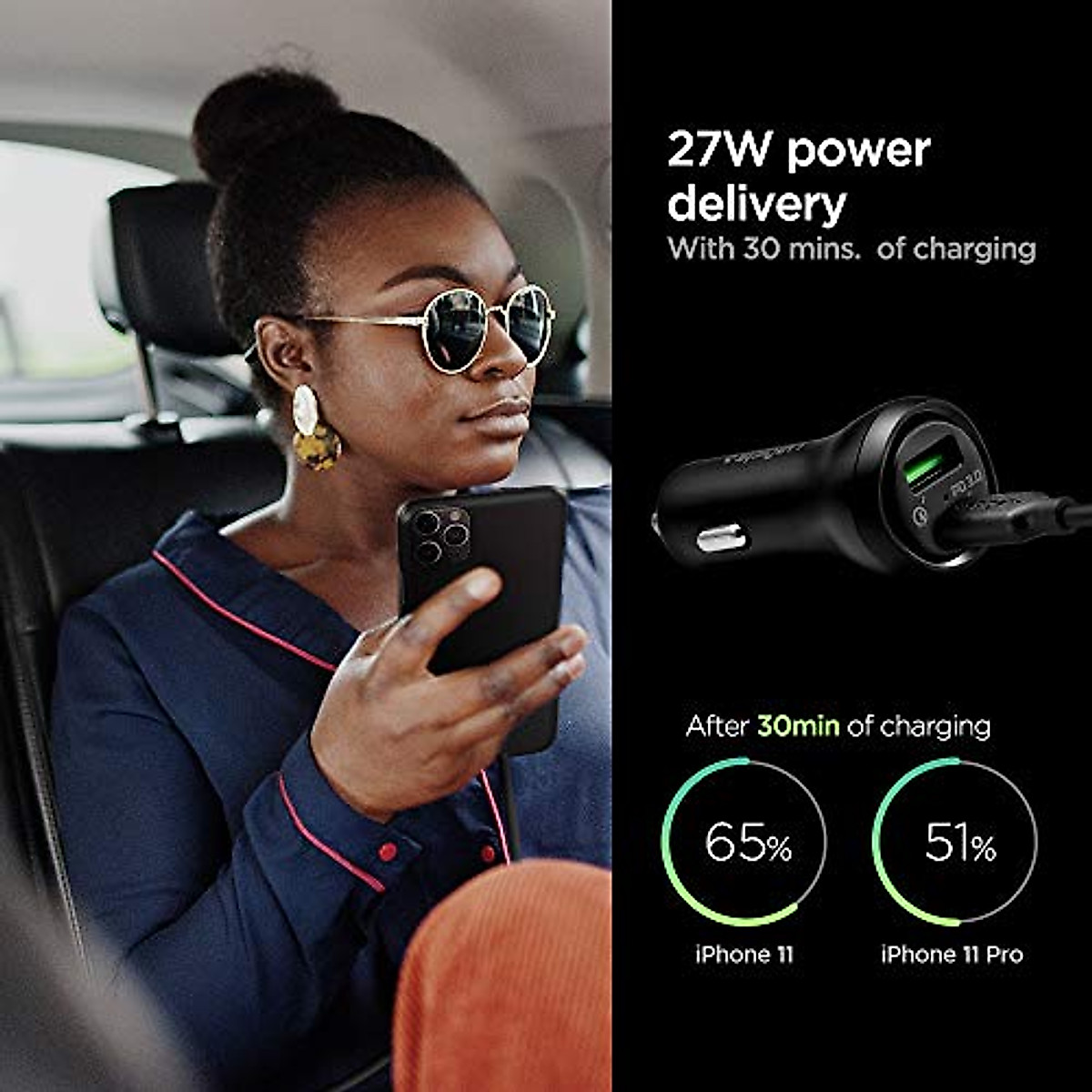 Spigen USB C Car Charger, 45W Dual Port Car Charger Fast Charge (PD Charging 27W + Quick Charge 18W) Type C Car Adapter for iPhone 13 Pro Max 13 Mini 12 11 iPad Galaxy S21 Ultra S20 FE Note 20 Plus