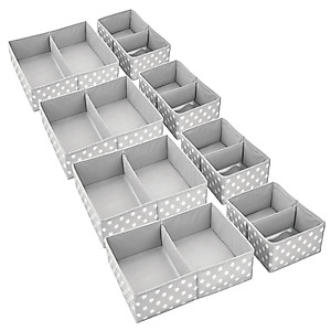 mDesign Fabric Drawer Organizer Bins, Kids/Baby Nursery Dresser, Closet, Shelf, Playroom Organization, Hold Clothes, Toys, Diapers, Bibs, Blankets, Set of 2, 4 Pack, Gray/White Polka Dot