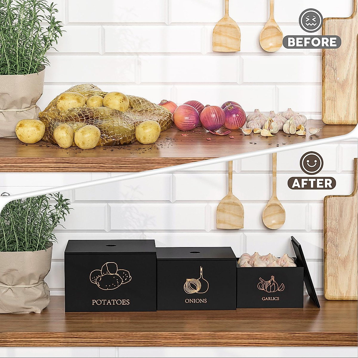 DALSHABET Potato and Onion Storage Bins, Premium Pantry Organizers and Storage, Bamboo Vegetable Garlic Keeper Solutions for an Organized Kitchen Black