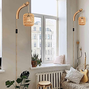 Plug-in Wall Sconces, Hemp Rope Pendant Light, Hand Woven Wall Lamp with Natural Paper String Lampshade, Farmhouse Wall Sconce Wall Mounted Light Boho Hanging Lamp for Bedroom Living Room (2 in1 DIY)