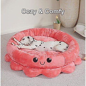 Jiupety Cute Octopus Dog Bed with Smiling Face, Soft Round Dog Bed with Removable Cushion, Cartoon Style and Smiling Face, Luxury, Soft, Comfy, Cozy, Fit Small to Large Dogs (Red)