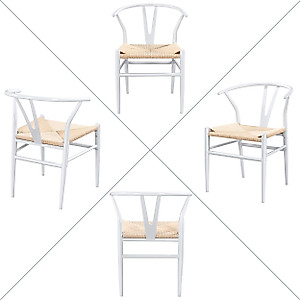 Yaheetech Metal Dining Chair Y-Shaped Set of 4 Weave Arm Chair Mid-Century Dining Room Chairs Backrest Hemp Seat, White