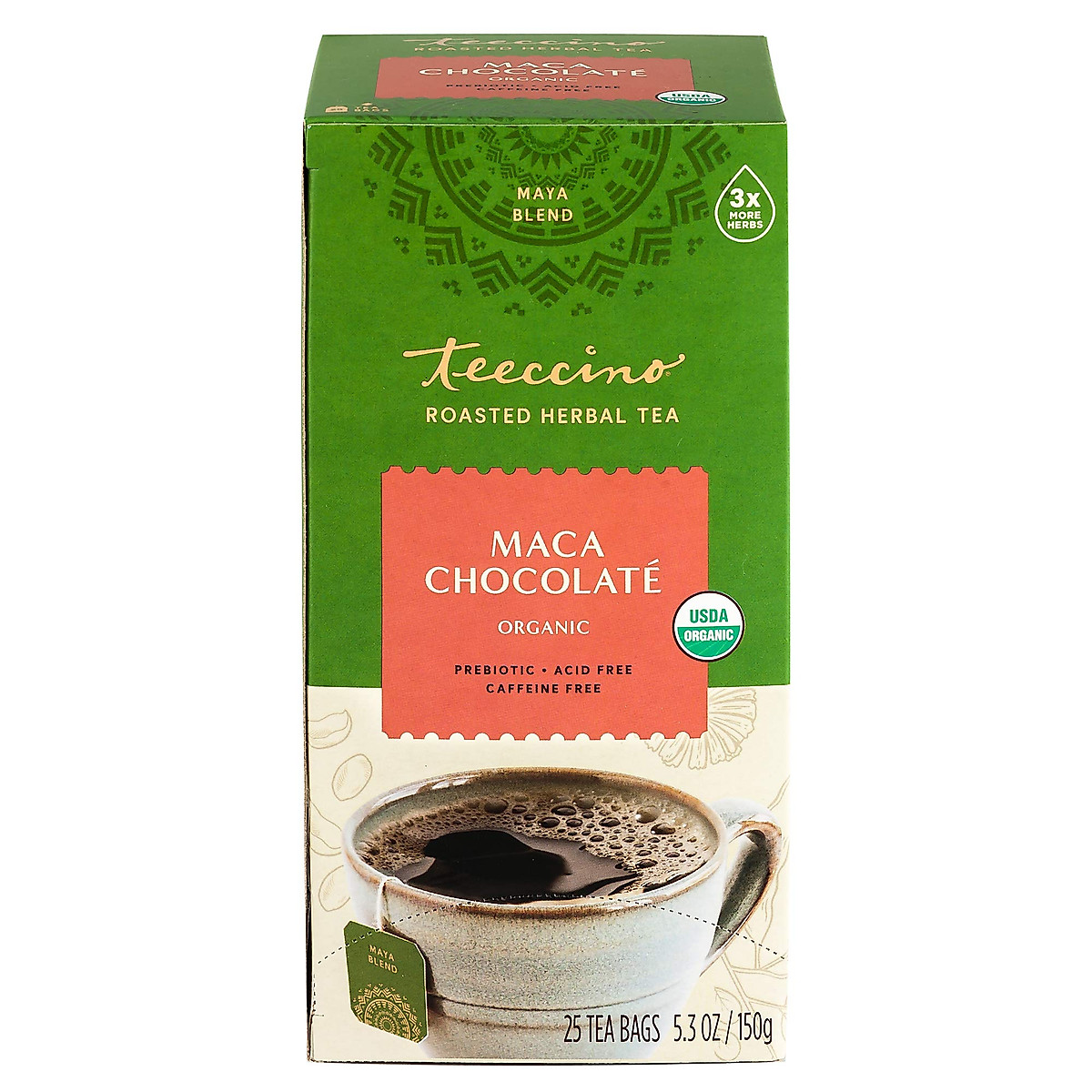 Teeccino Maca Chocolaté Herbal Tea - Rich & Roasted Herbal Tea That’s Caffeine Free & Prebiotic with Natural Energy from Adaptogenic Peruvian Maca, 25 Tea Bags
