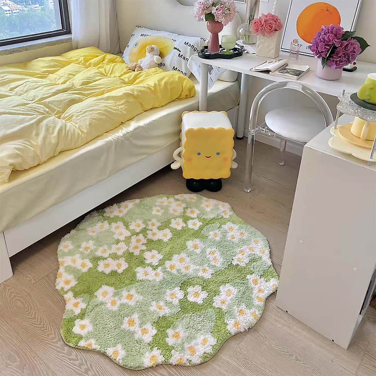 Moss Rug 3D Stereo Irregular Rug Nature Flowers Daisy Moss Rug for Living Room Bedroom Home Aesthetic Decor Floor Mat Indoor Floor Plush Shaggy Area Rug Anti-Slip Cute Rugs (39.4*39.4in) (green)