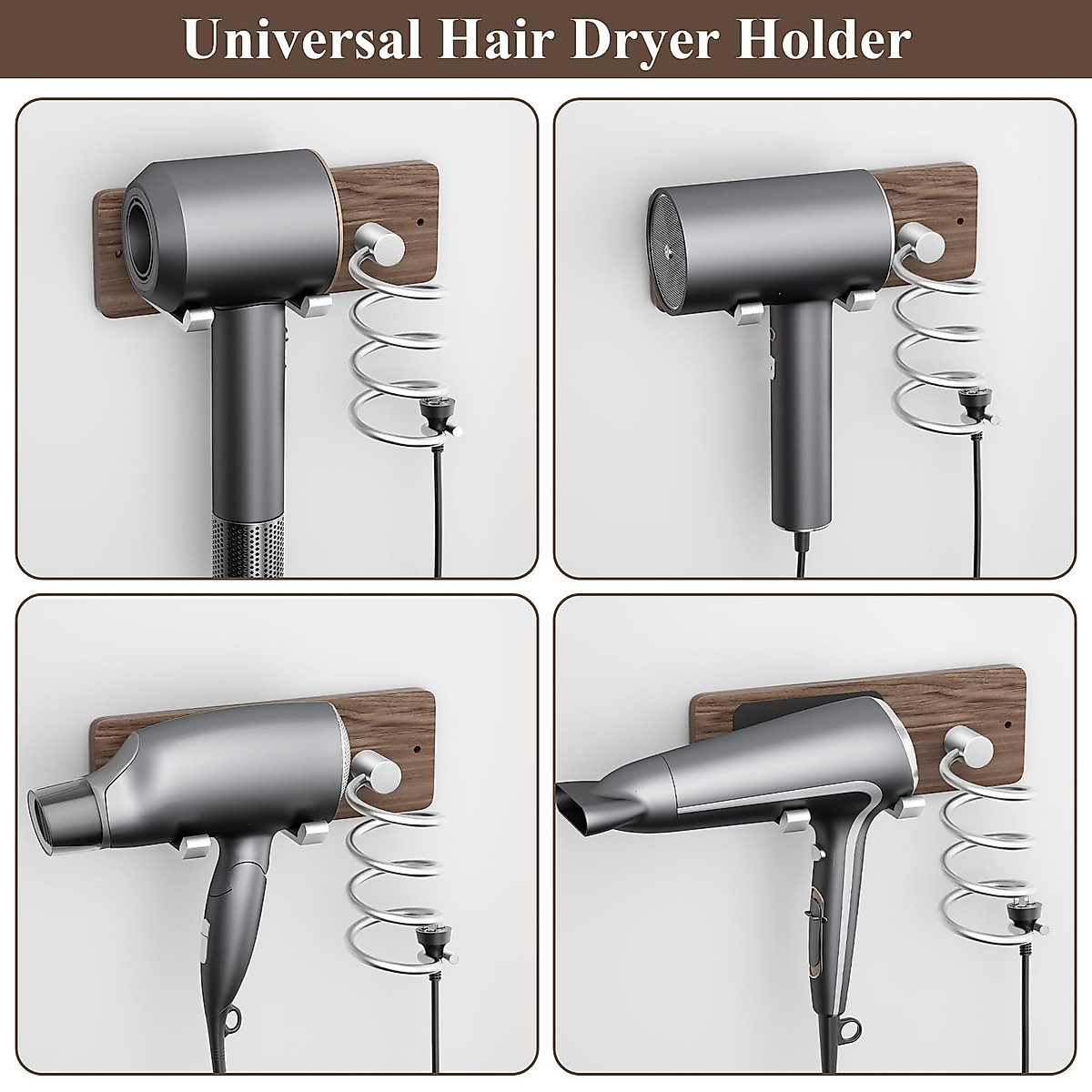 Tindbea Hair Dryer Holder Curling Iron Holder Flat Iron, Blow Dryer Holder Wall Mount, Bathroom Hair Tool Organizer Rack for Universal Dryer, Walnut Brushed Nickel