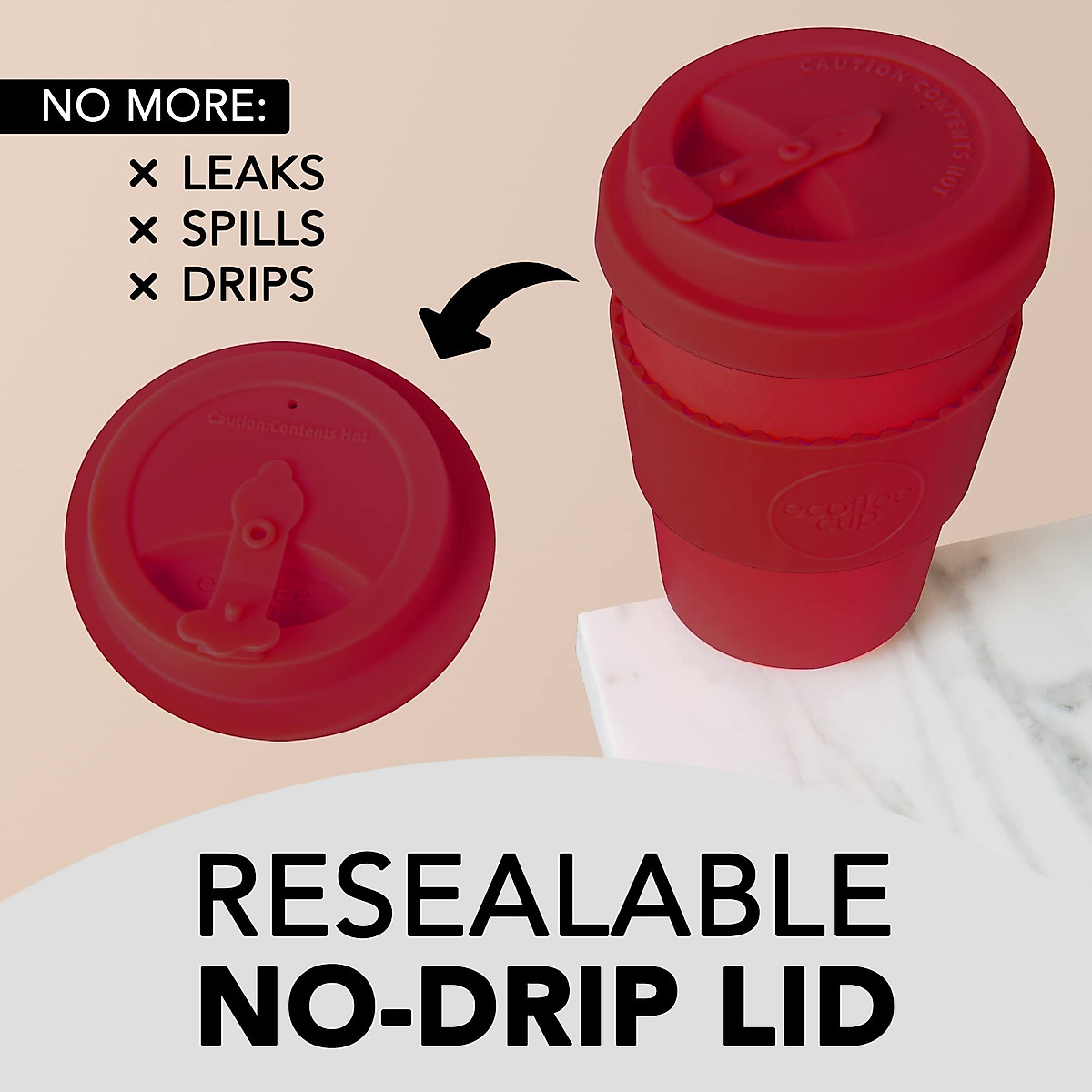 Ecoffee Cup Reusable Sustainable To-Go Travel Coffee-Cup Portable Cups With No Leak Silicone Lid - Dishwasher Safe (14oz, Red Dawn)