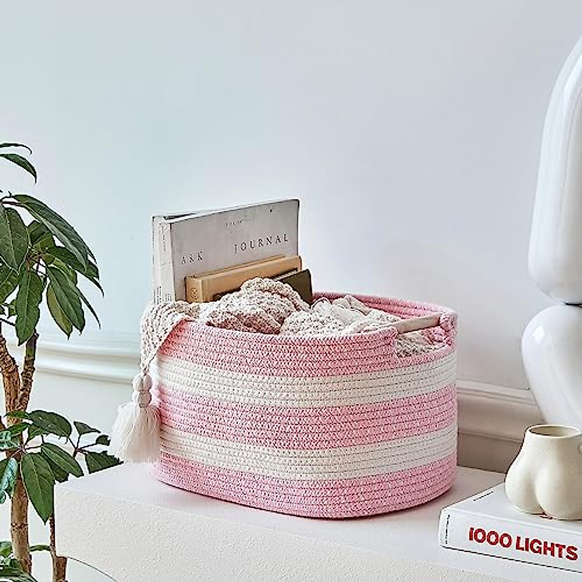 R RUNKA Decorative Storage Baskets - 15"x10.2"x9.1" Cube Storage bins for Organizing Shelves, Entryway, Closet - Versatile Baskets for Books, Towels,Toys - Pink Gift Basket for Girls - White & Pink