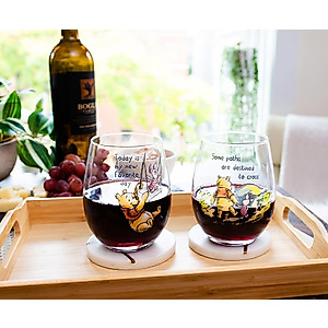 Disney Winnie The Pooh Quotes Teardrop Stemless Wine Glass Set | Tumbler Cup For Mimosas, Cocktails | Each Holds 20 Ounces