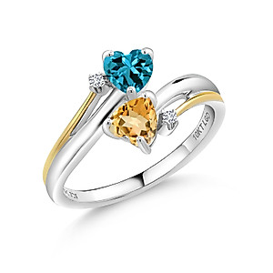Gem Stone King 1.03 Ct London Blue Topaz Yellow Citrine 925 Silver and 10K Yellow Gold Lab Grown Diamond 2 Heart Promise Couple Engagement Mother Ring (Size 6)